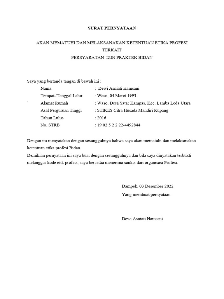 Surat Pernyataan Taat Dan Patuh Pada Profesi Ibi | PDF