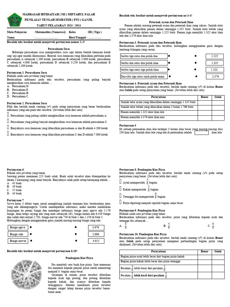 Soal PTS B. Indonesia Numerasi 2023-2024 | PDF