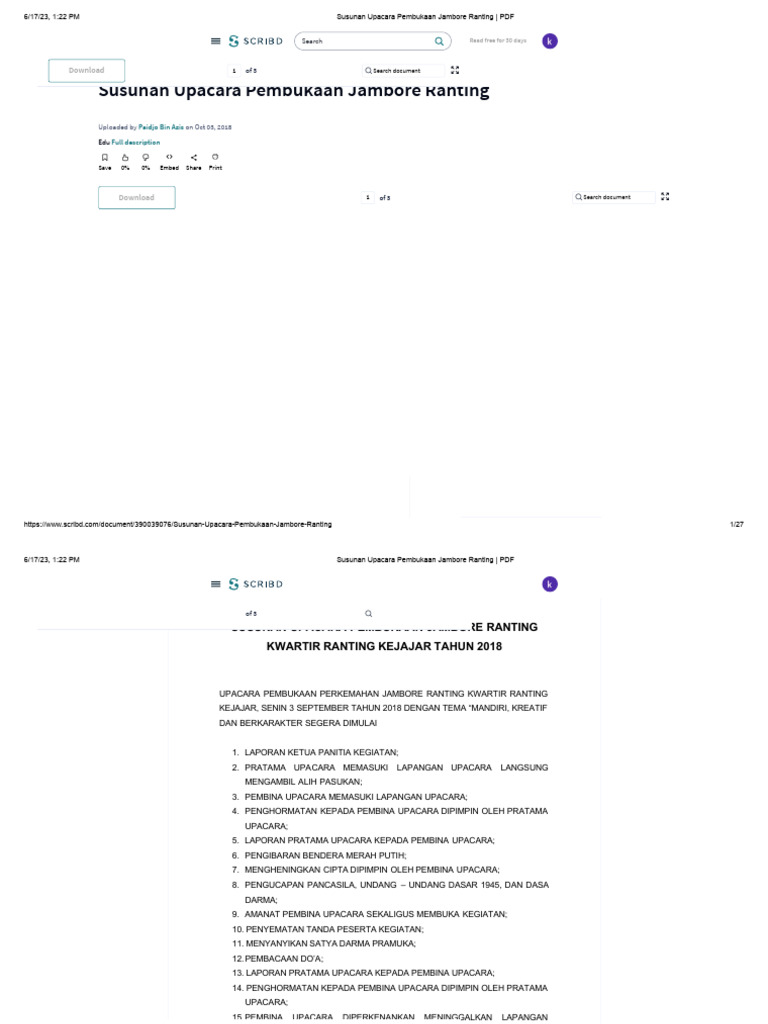 Susunan Upacara Jambore Ranting 2018 | PDF