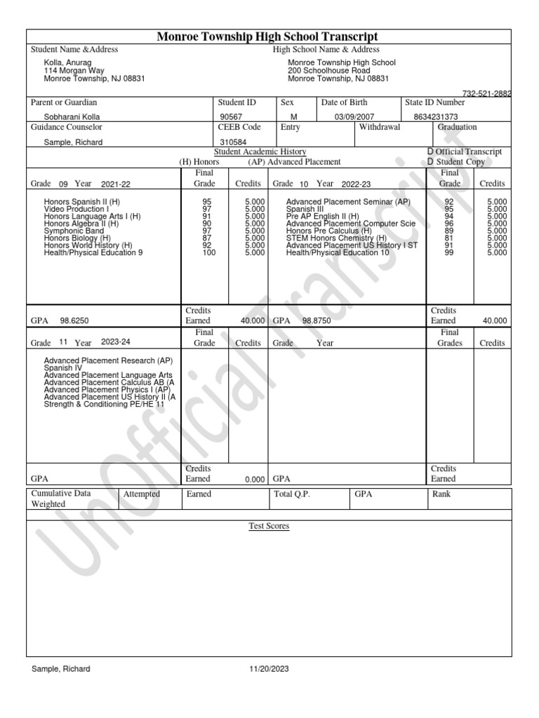 Ak Unofficial Transcript | PDF | Advanced Placement | Student ...