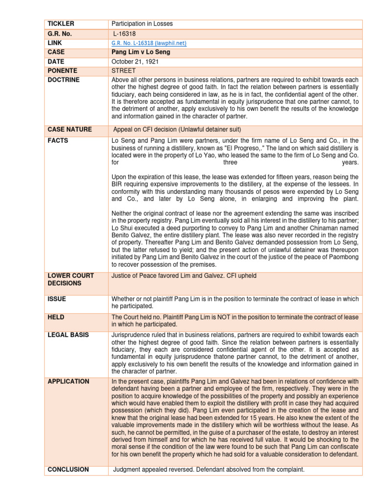 Pang Lim V Lo Seng G.R. L 16318 | PDF | Fiduciary | Lease