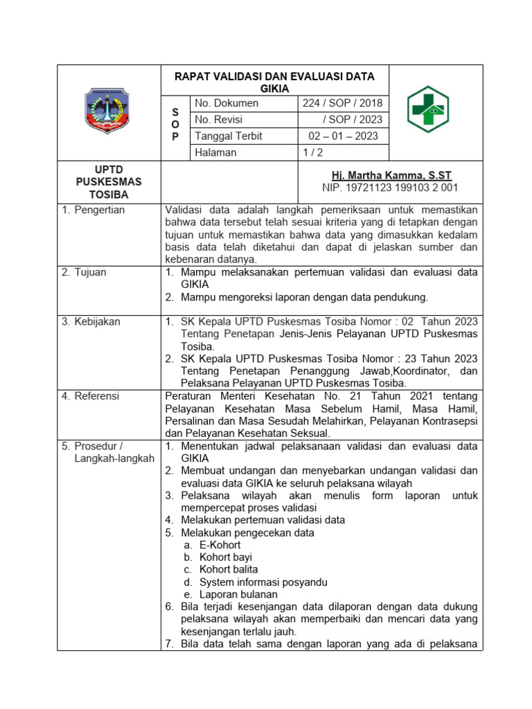 Sop Validasi Dan Evaluasi Data Gikia | PDF