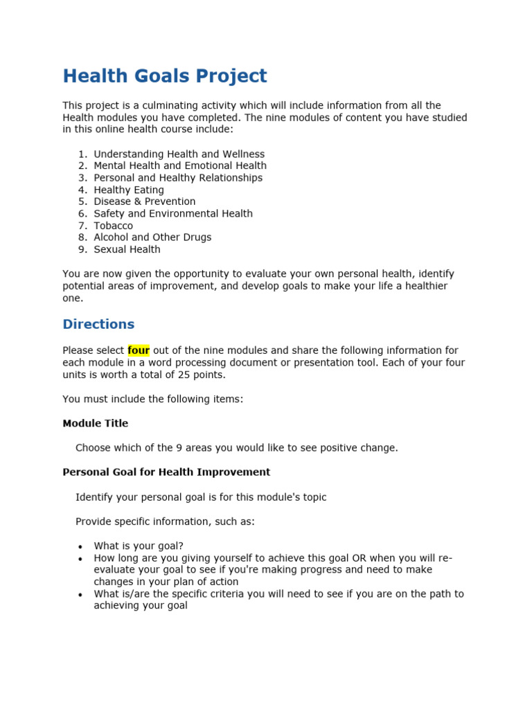 Personal Health Goals Project Guide | PDF | Career & Growth | Self ...