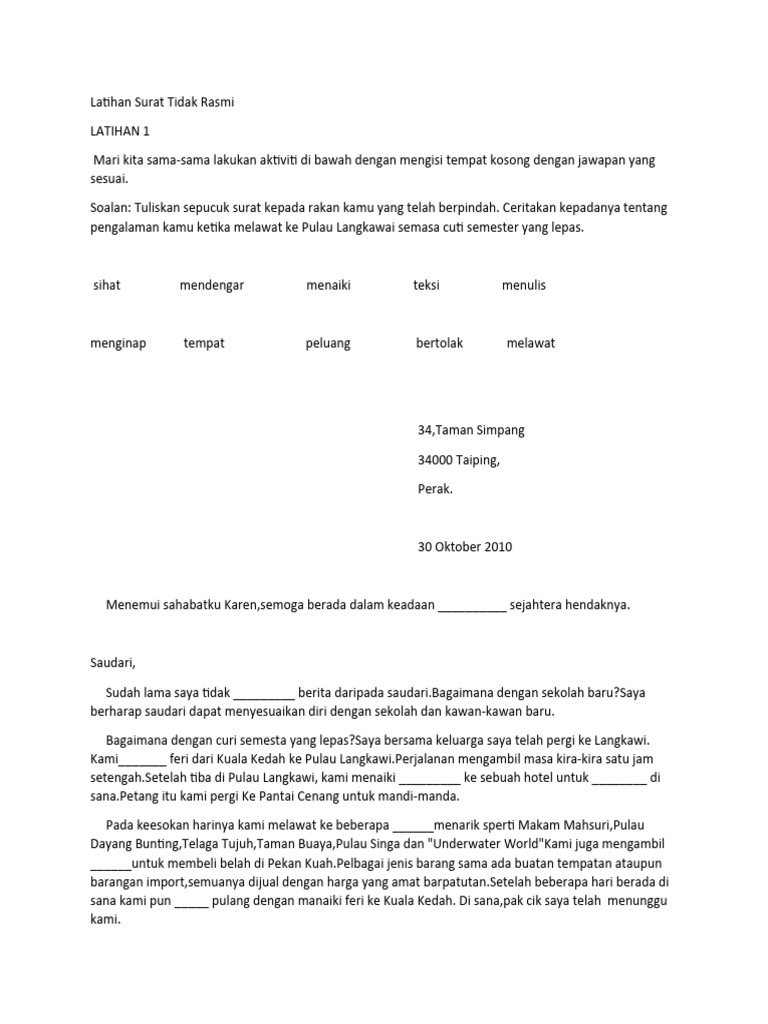 Latihan Surat Tidak Rasmi | PDF