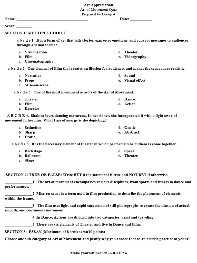 Art of Movement Quiz | PDF | Dances | The Arts