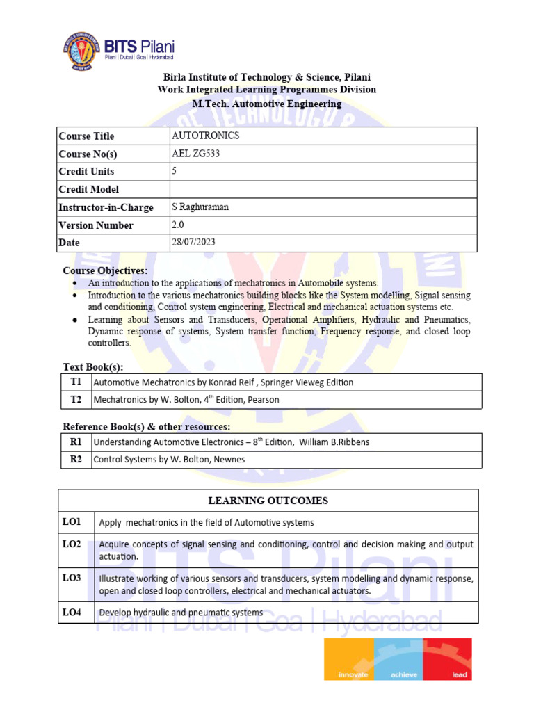 Ael - ZG533 Course Handout | PDF | Mechatronics | Feedback