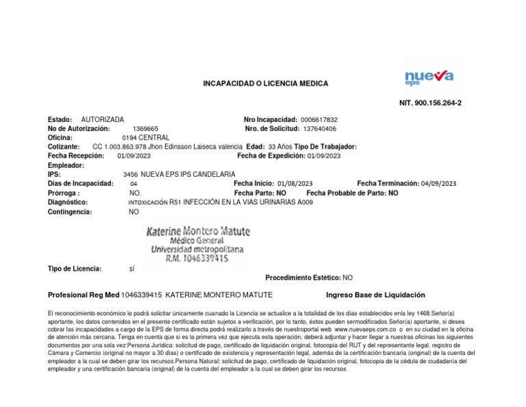 Formato de Incapacidad Nueva EPS 2023 | PDF