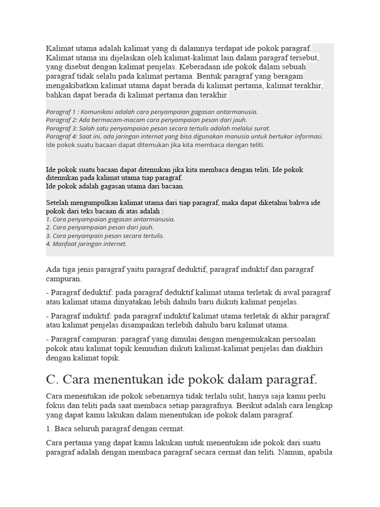 Kalimat Utama Adalah Kalimat Yang Di Dalamnya Terdapat Ide Pokok Paragraf | PDF