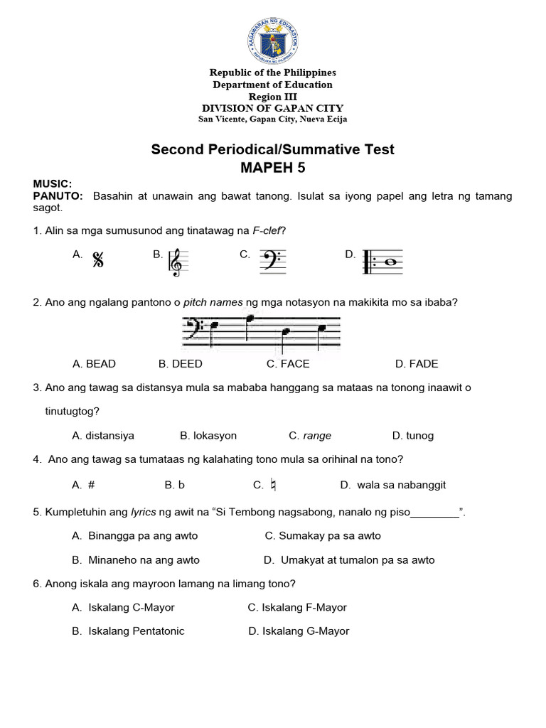 50 Items Second Quarter-Summative Test in MAPEH - Grade 5 by Gapan ...