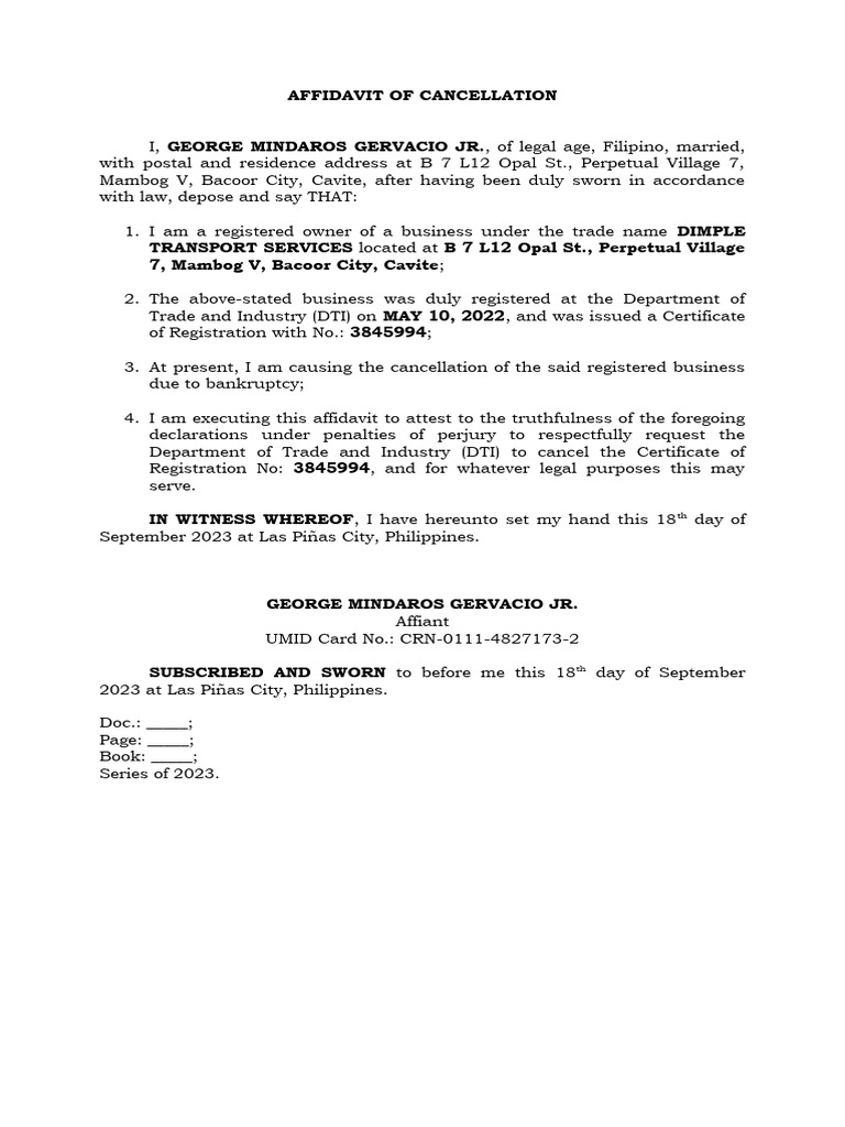 Affidavit of Cancellation - George Mindaros Gervacio Jr. | PDF | Law