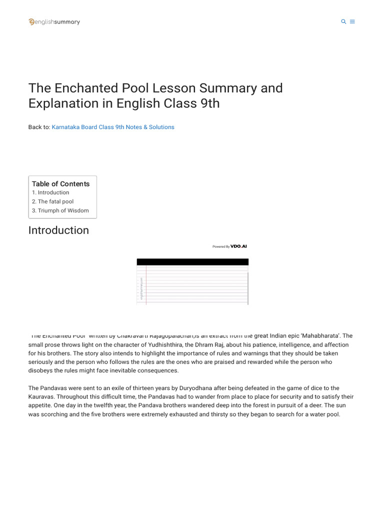 The Enchanted Pool Lesson Summary and Explanation in English Class 9th - English Summary | PDF ...