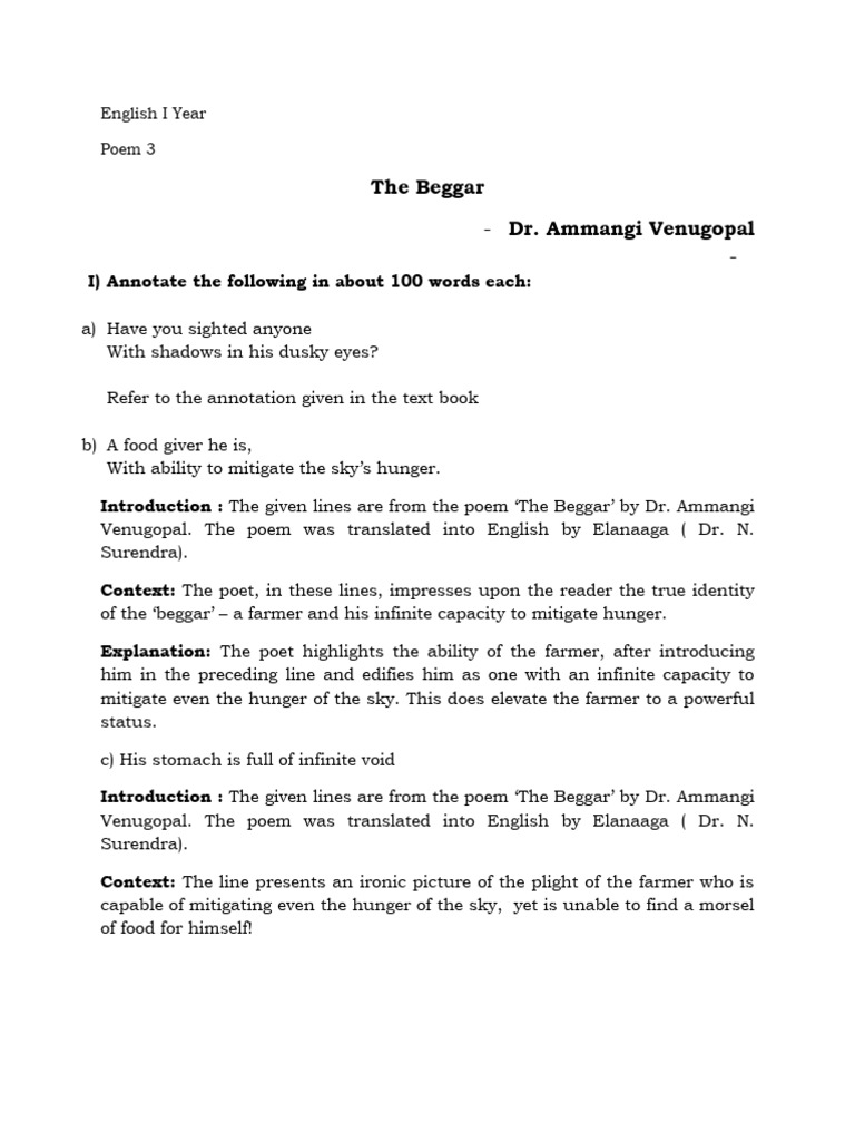 Poem Analysis: "The Beggar" by Venugopal | PDF