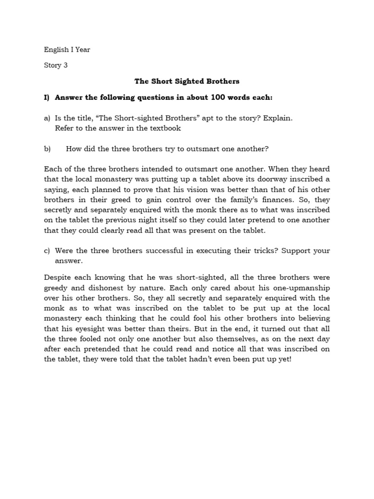 English I Year The Short Sighted Brothers | PDF