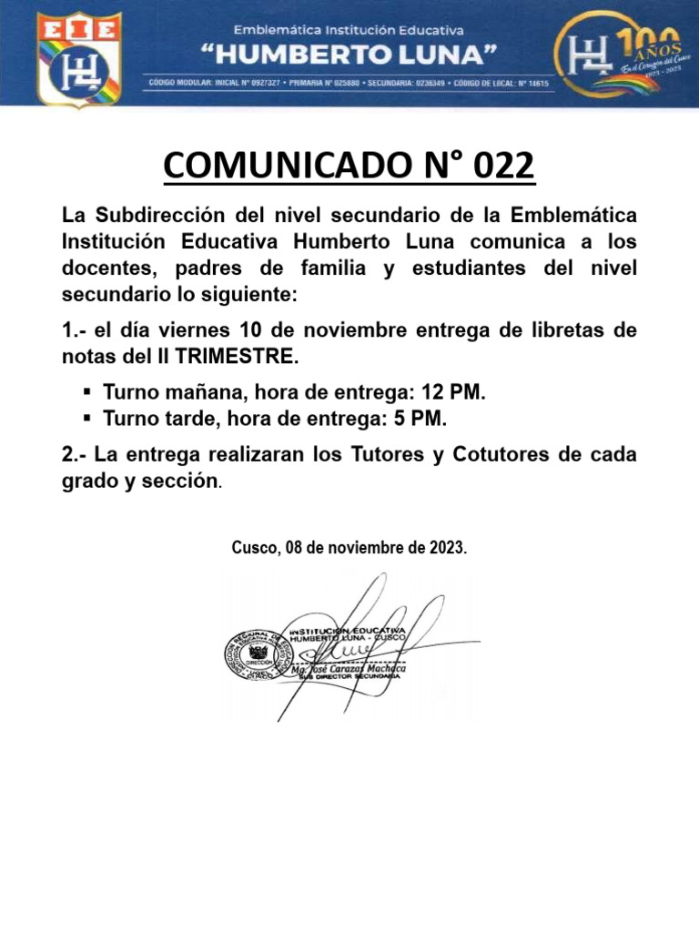 Comunicado Entrega Libretas | PDF