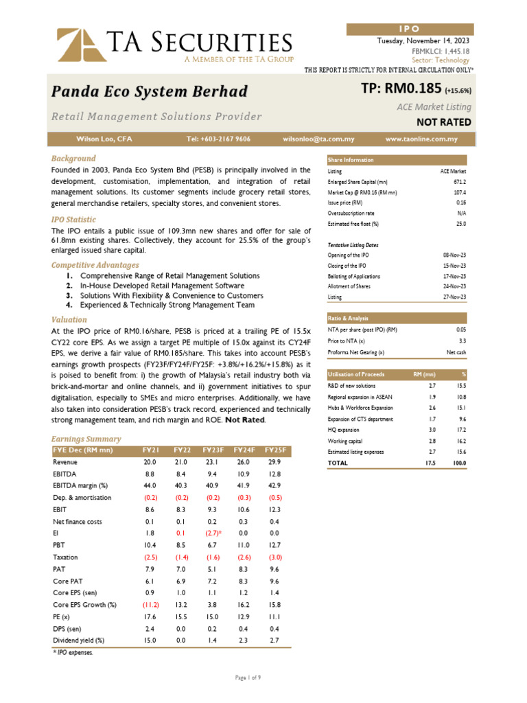 Panda Eco System IPO Overview | PDF | Retail | Corporations