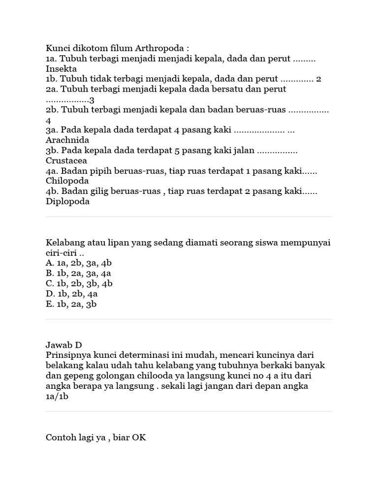 Kunci Determinasi Filum Arthropoda | PDF