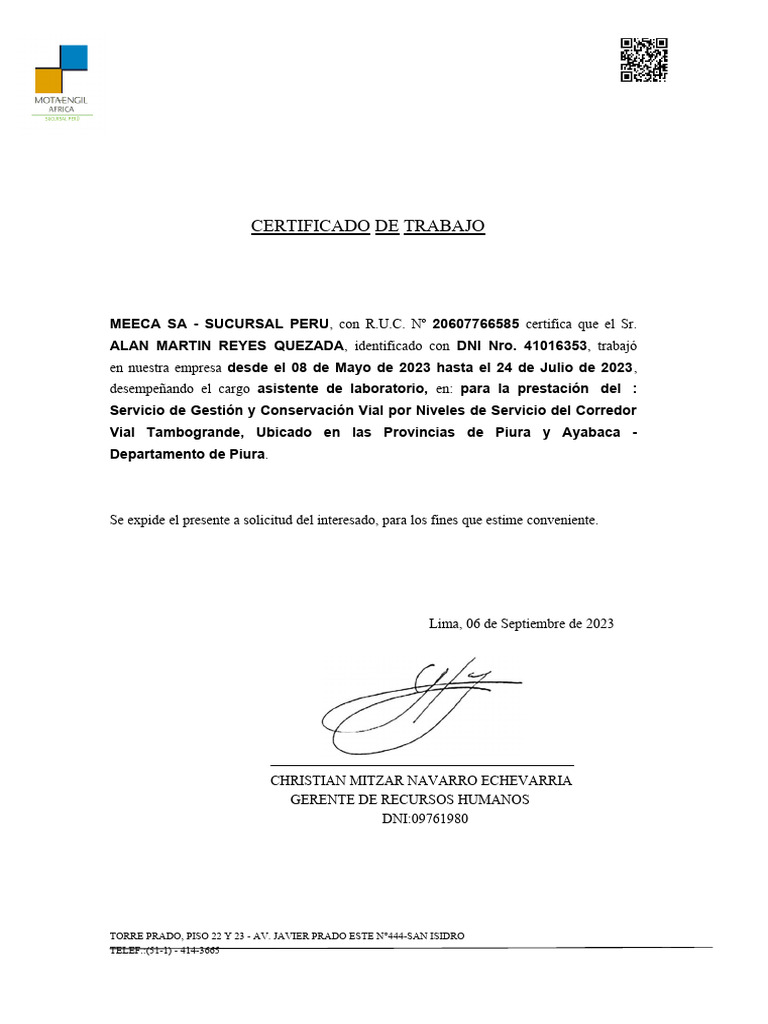 Certificado de Trabajo-Reyes Quezada Alan | PDF