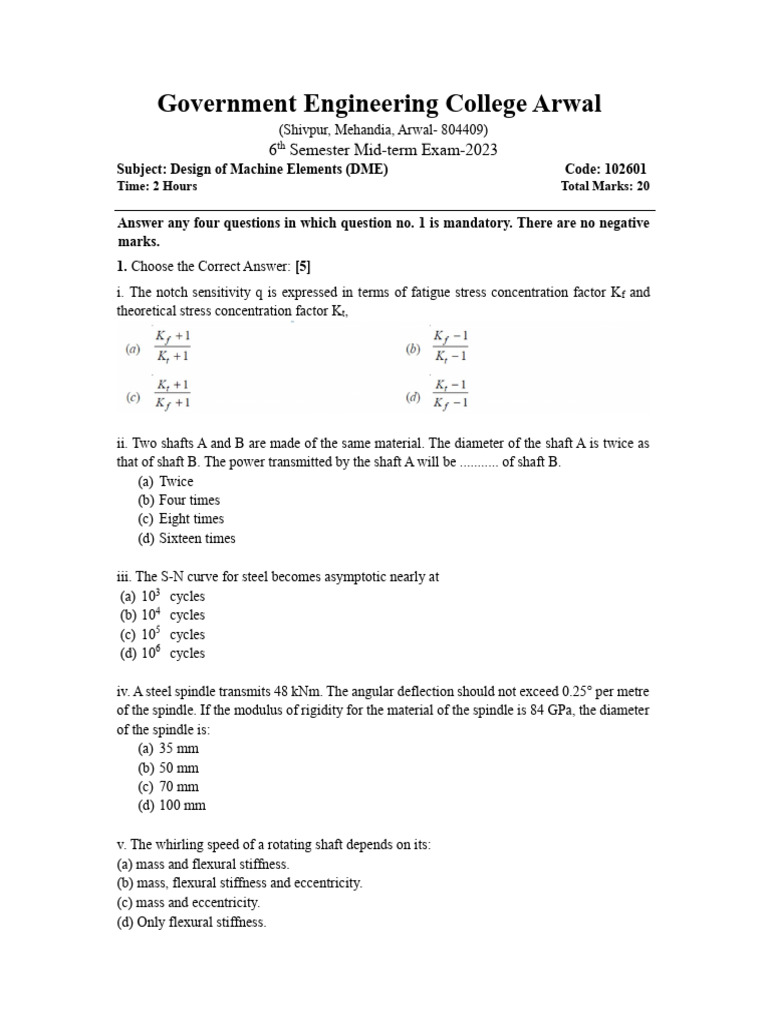 DME Mid Term Question Paper | PDF | Strength Of Materials | Ultimate ...