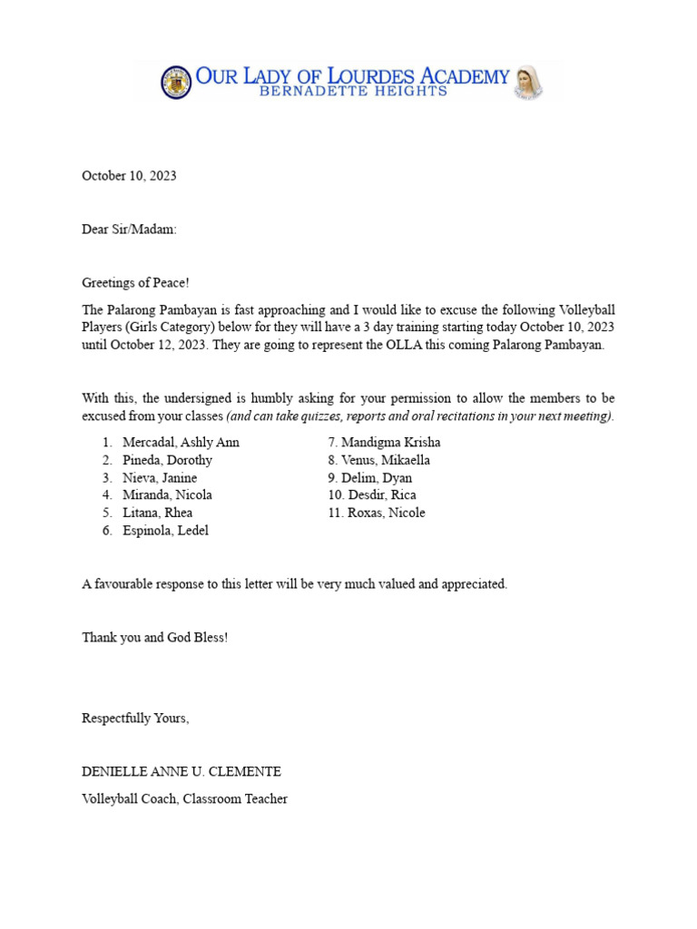 Volleyball Players Excuse Letter | PDF