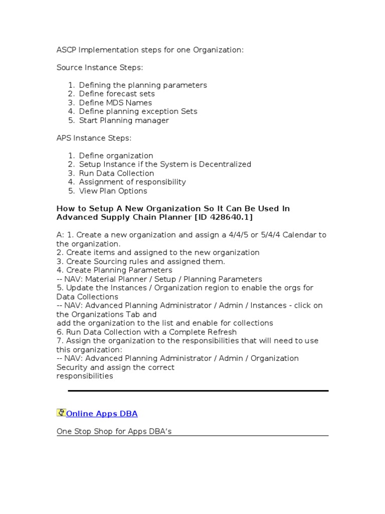 ASCP Implementation Steps For One Organization | PDF | Oracle Database ...