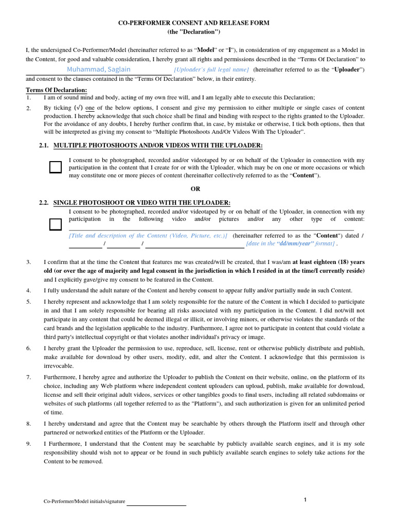 XHamster Co Performer Release Agreement | PDF | Consent | Privacy