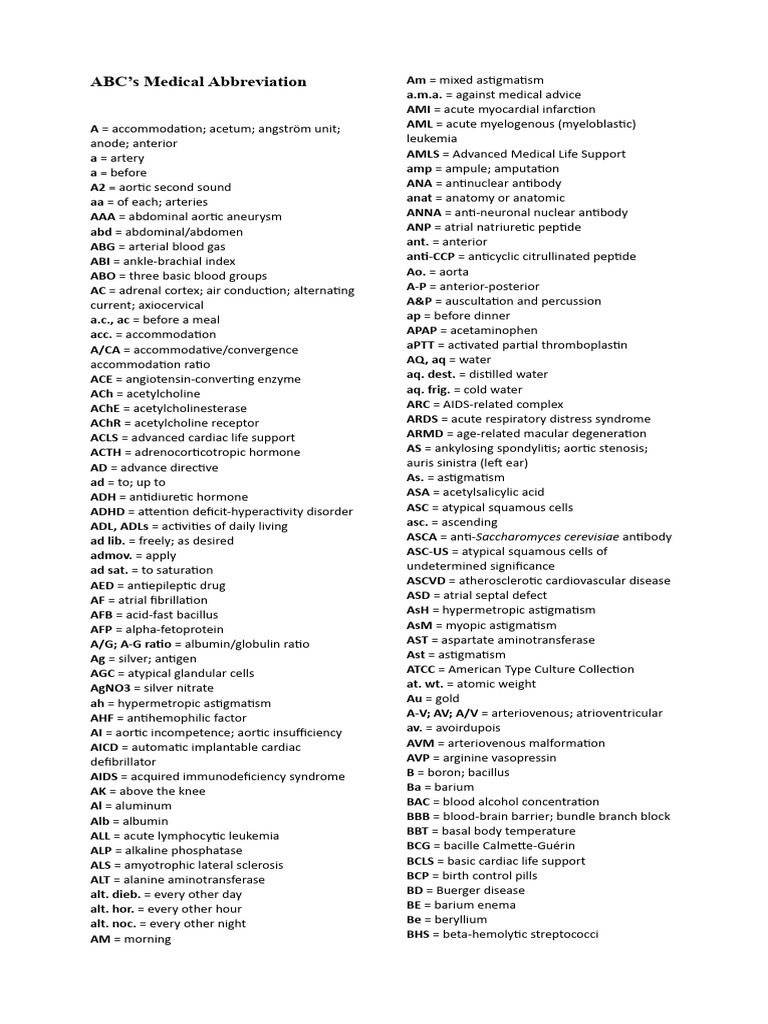 Medical Abbreviations Guide | PDF | Heart | Alanine Transaminase