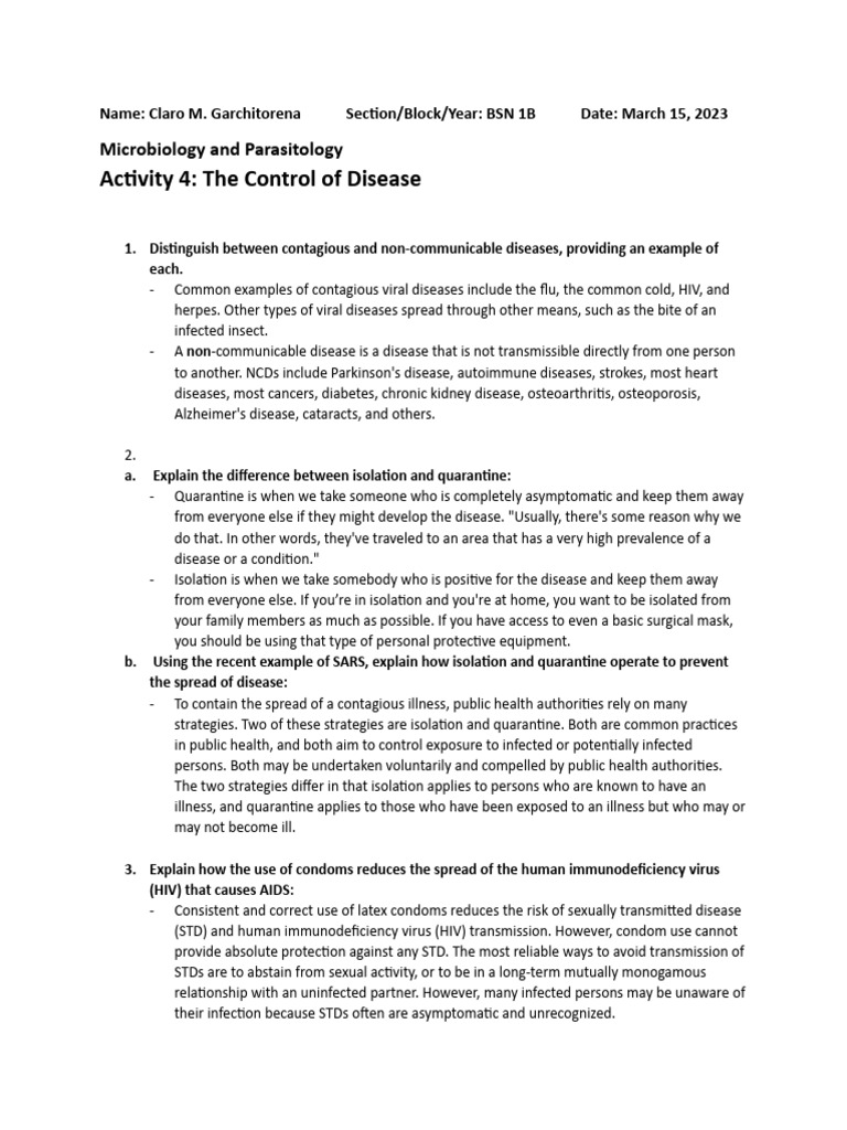 Microbiology and Parasitology - Activity 4 The Control of Disease | PDF ...