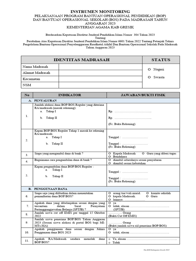 Instrumen Monitoring BOP-BOS 2023 | PDF