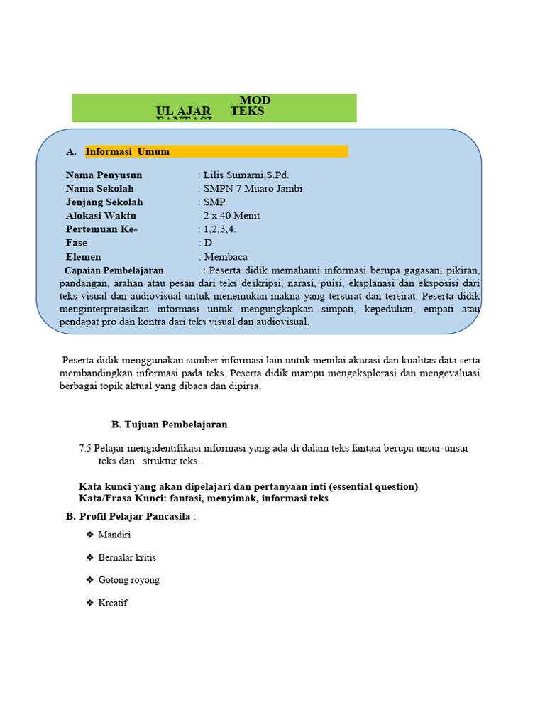 Modul Ajar Teks Fantasi 1 | PDF