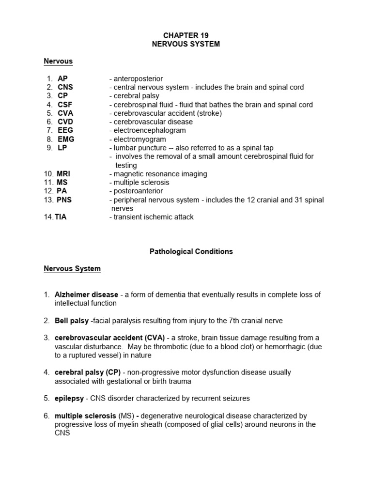 Nervous System Abbreviations and Conditions - 2 | PDF | Central Nervous ...