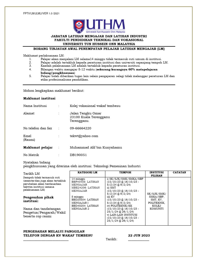 BORANG MAKLUMBALAS LM DARI INSTITUSI - Sem 1 202324 | PDF