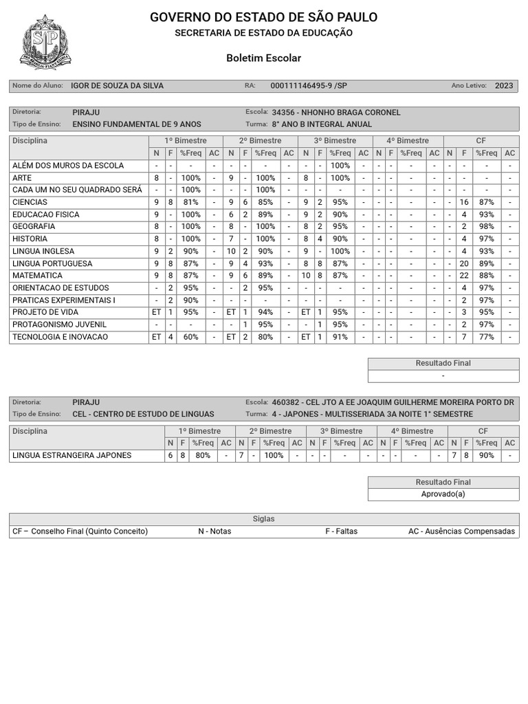 Boletim Escolar Do Aluno | PDF