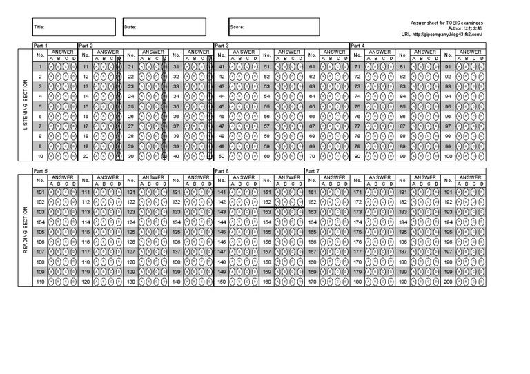 TOEIC Answer Sheet Template | PDF | Standardized Tests | Qualifications