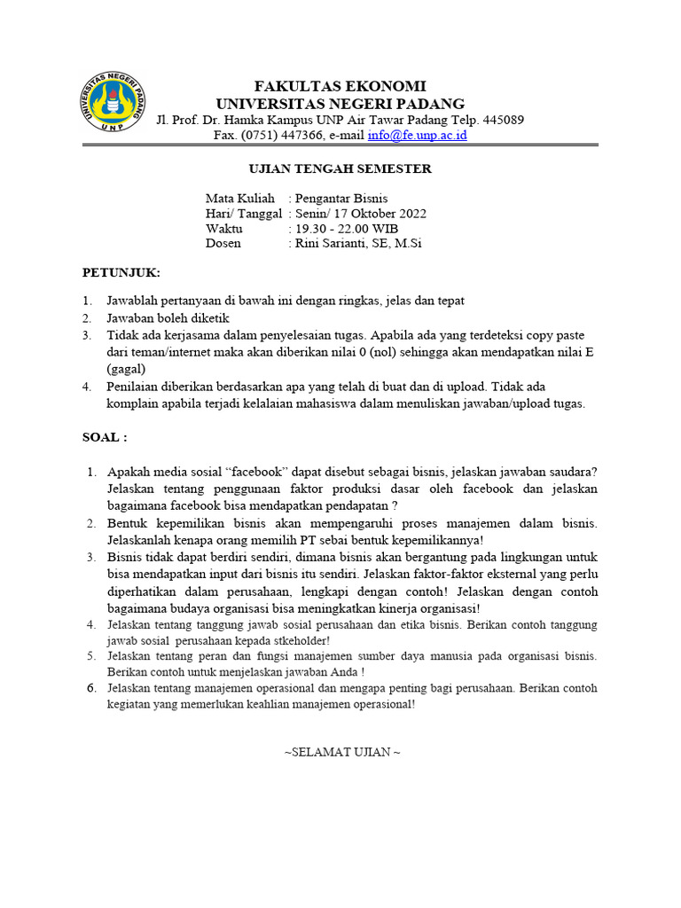 UTS Pengantar Bisnis | PDF | Karier & Perkembangan | Bisnis