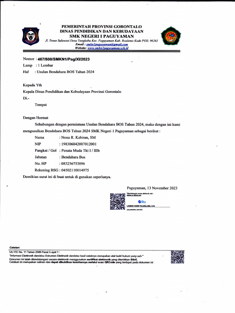 Usulan Bendahara BOS 2024 | PDF