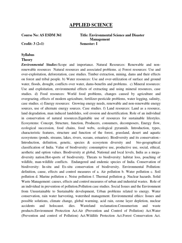 Applied Science: Course No: AS ESDM 361 Title: Environmental Science ...