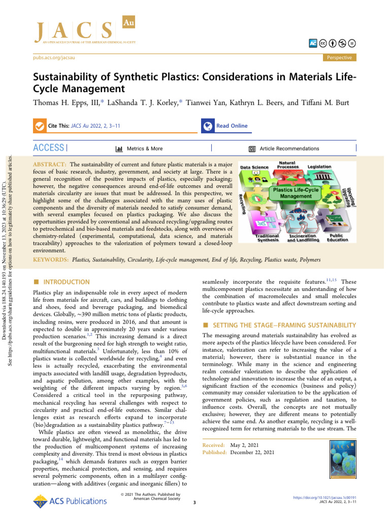 Epps Et Al 2021 Sustainability of Synthetic Plastics Considerations in Materials Life Cycle ...