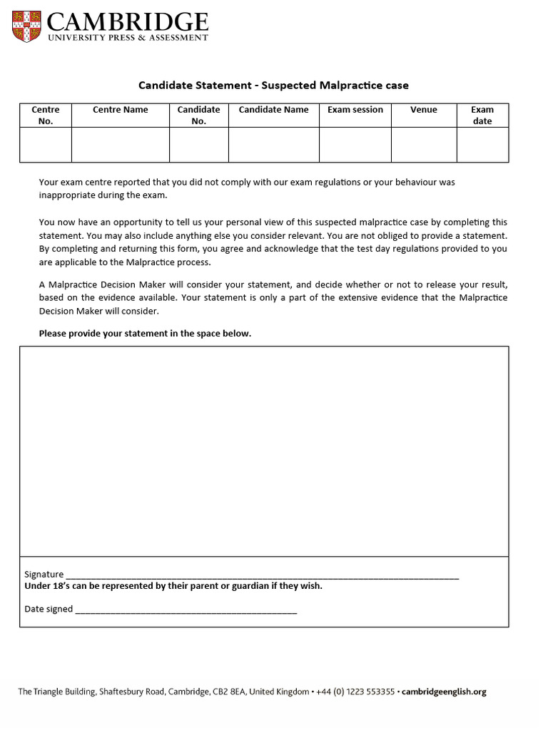 Exam Malpractice Candidate Statement Form | PDF | Career & Growth ...