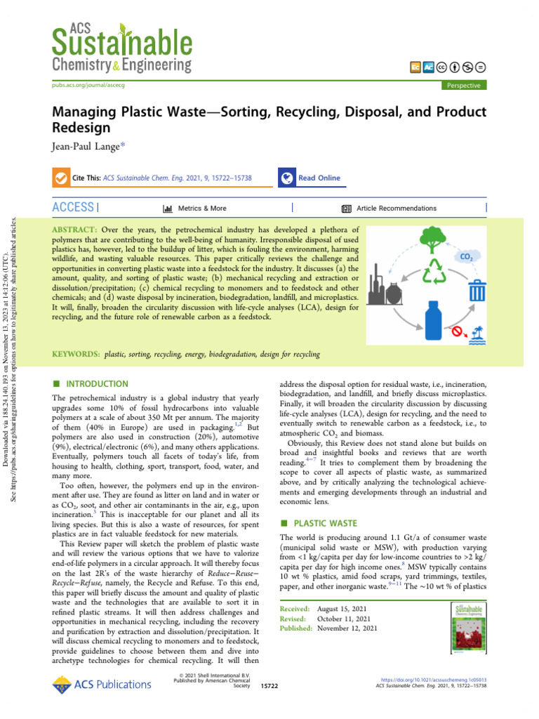 Lange 2021 Managing Plastic Waste Sorting Recycling Disposal and Product Redesign | PDF ...
