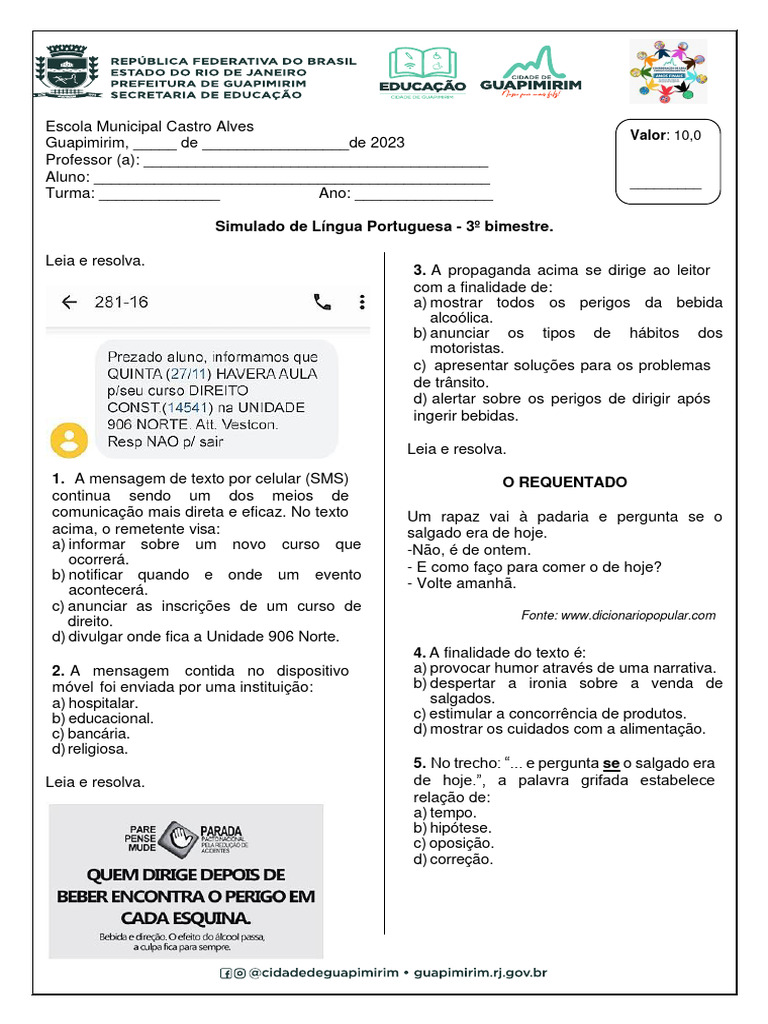 Simulado de Língua Portuguesa | PDF | Juvenil