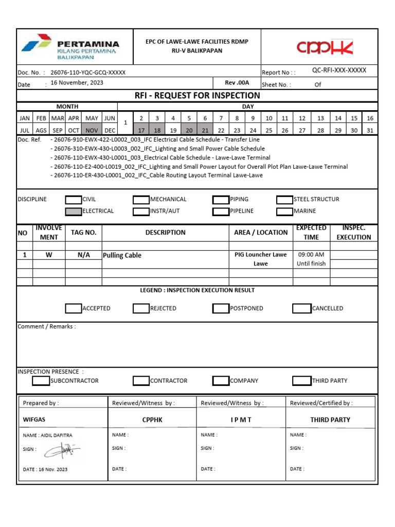 Rfi - Request For Inspection: Epc of Lawe-Lawe Facilities RDMP Ru-V ...