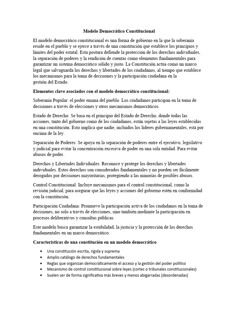 Modelo Democrático Constitucional Resumen | PDF | Constitución | Democracia