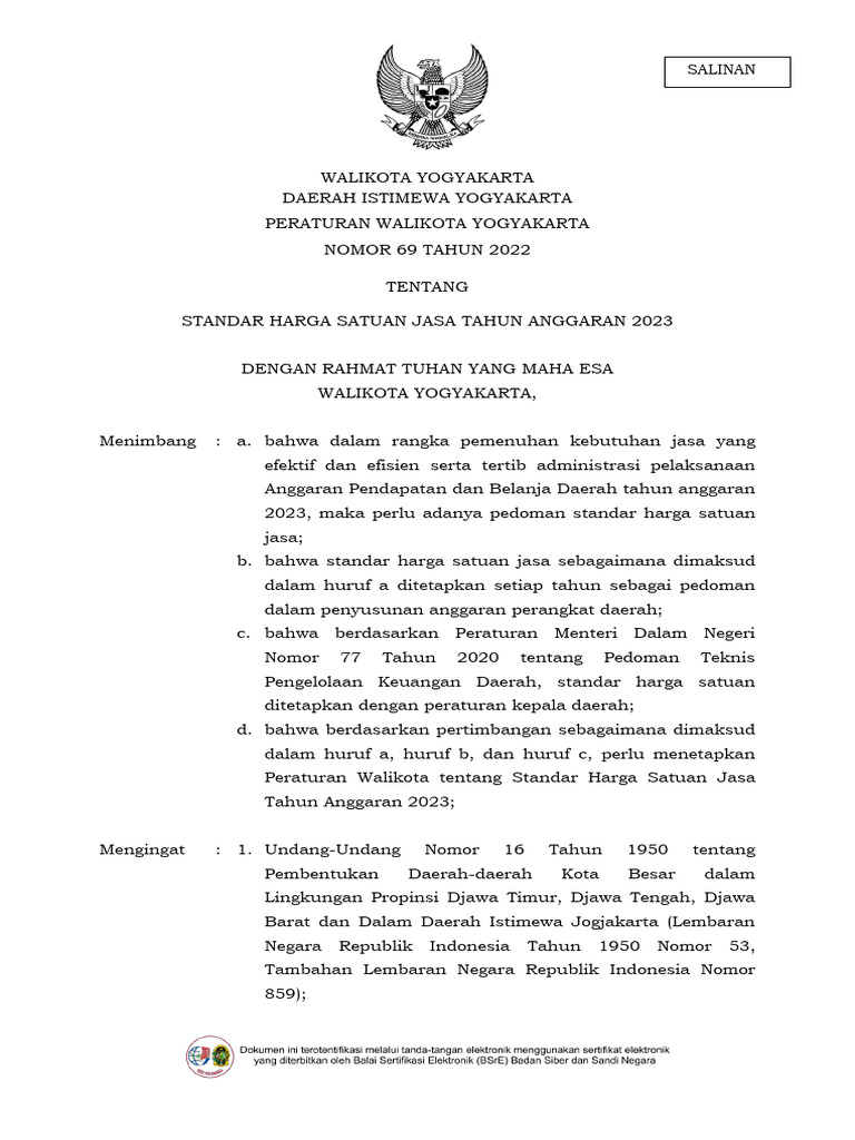 Peraturan Walikota Yogyakarta Nomor 69 Tahun 2022 Tentang Standar Harga Satuan Jasa Tahun ...