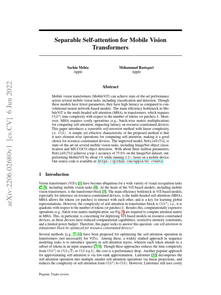 Mehta, Rastegari - 2022 - Separable Self-Attention For Mobile Vision Transformers | PDF ...