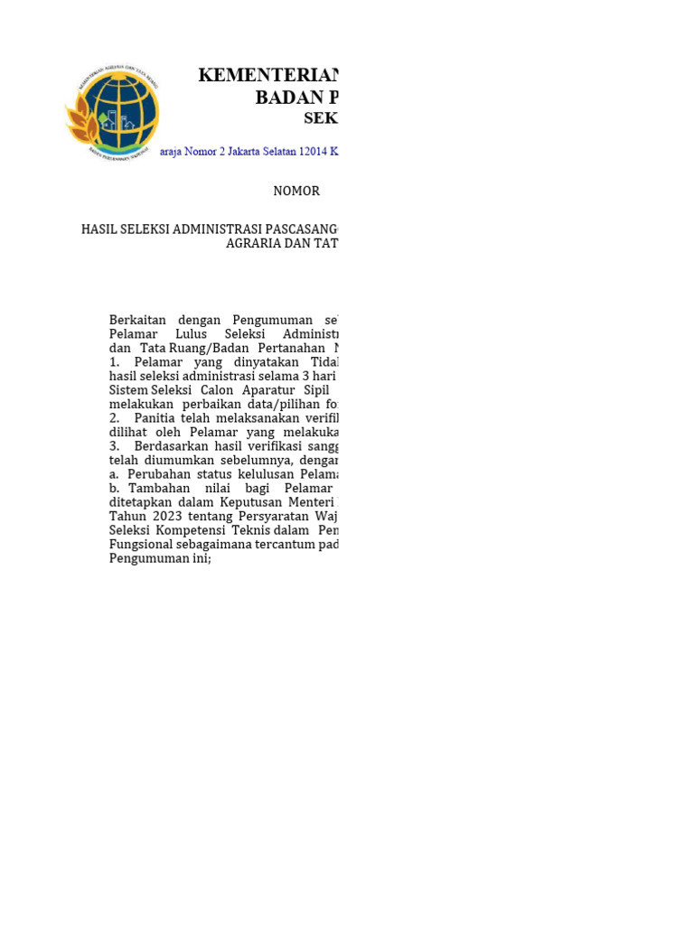Pengumuman Hasil Seleksi ASN 2023 | PDF