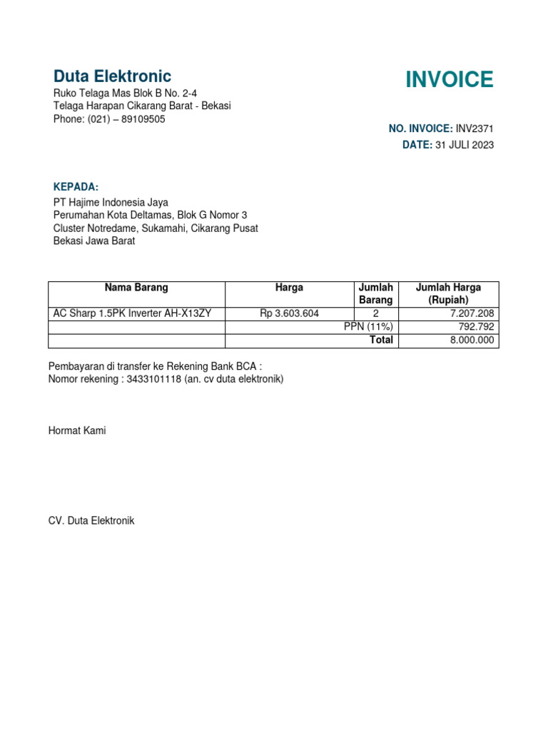 Invoice Pembelian CV. Duta Elektronik | PDF