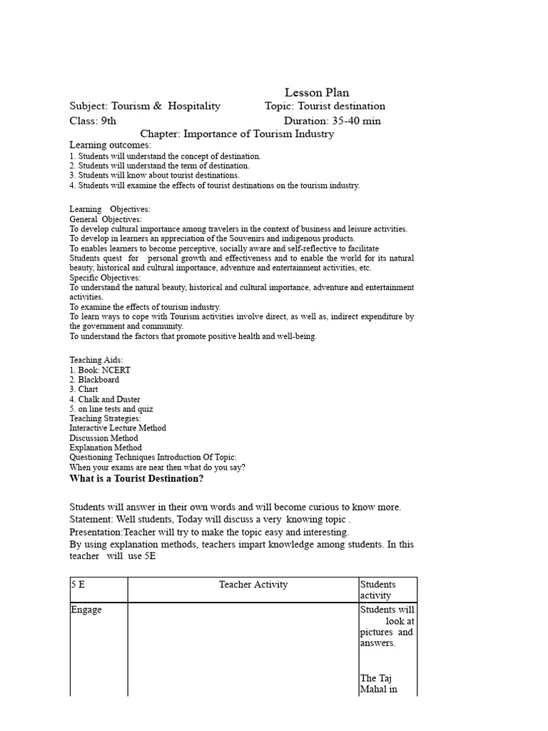 Lesson Plan | PDF | Tourism | Learning