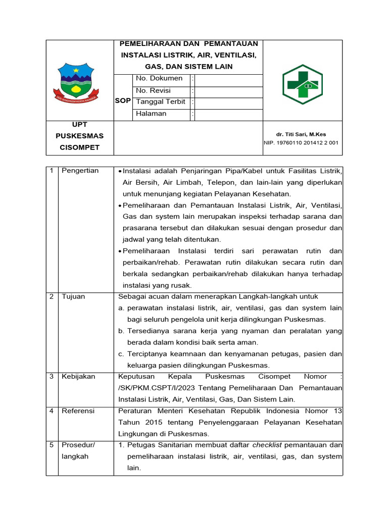 Sop Pemeliharaan Dan Pemantauan Instalasi Listrik, Air, Ventilasi, Gas, Dan Sistem Lain Cisompet ...