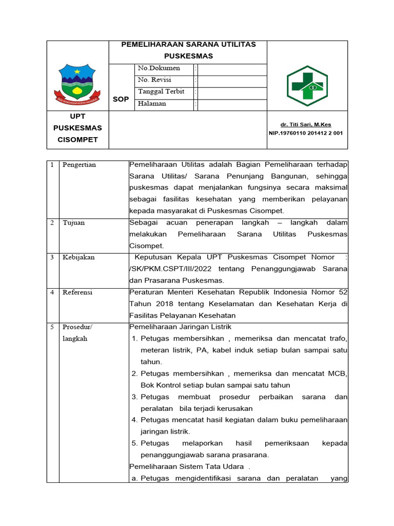 Sop Pemeliharaan Sarana Utilitas Puskesmas Cisompet | PDF