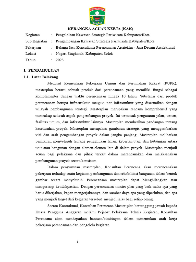 KAK Perencanaan Singkarak - Master Plan 2023 | PDF